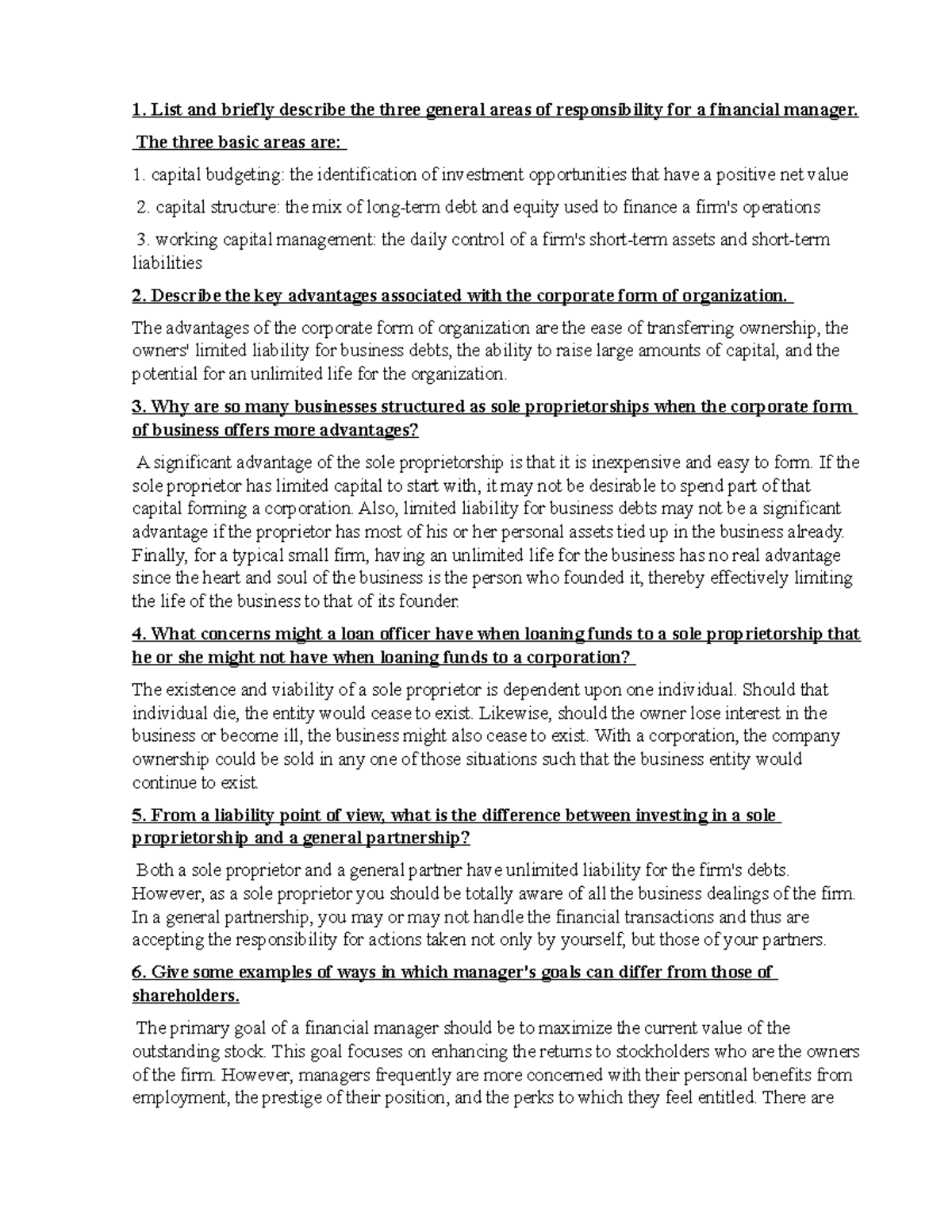 Short Ans - fundamental finance - List and briefly describe the three ...