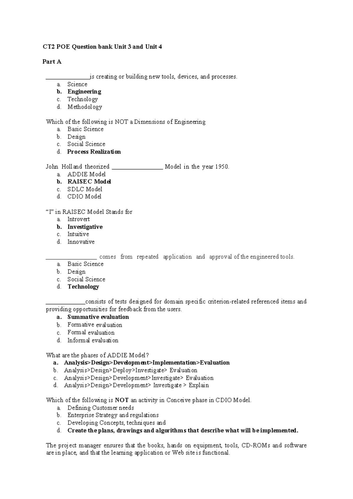 CT2 POE Question bank Unit 3 and Unit 4 - a. Science b. Engineering c. Technology d. Methodology ...