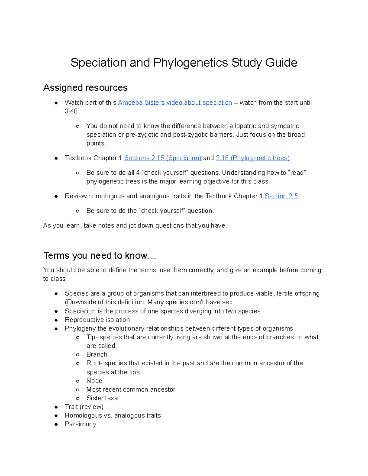 Copy of C04 Speciation and Phylogenetics Study Guide - Speciation and ...
