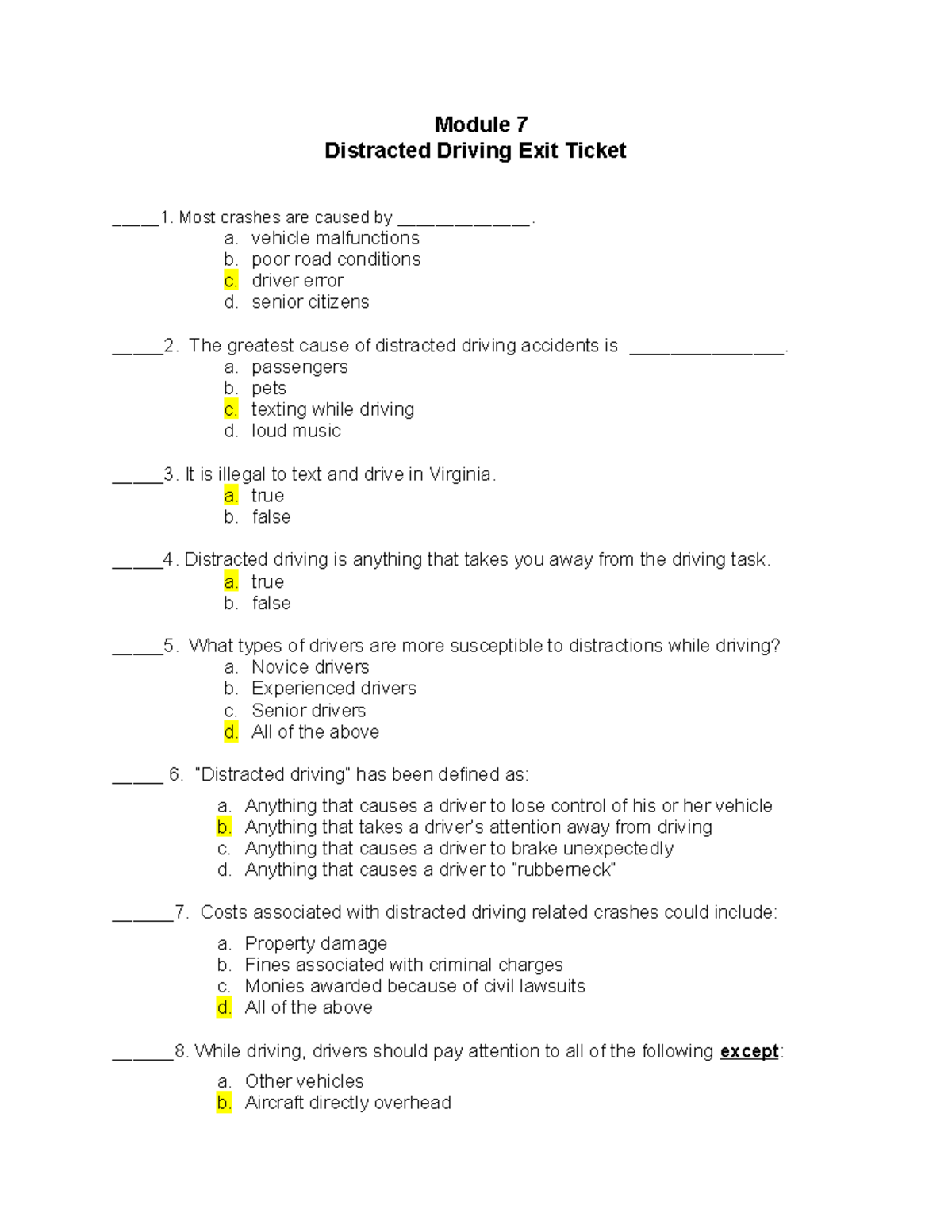 super hard 50 question work sheet - Module 7 Distracted Driving Exit ...