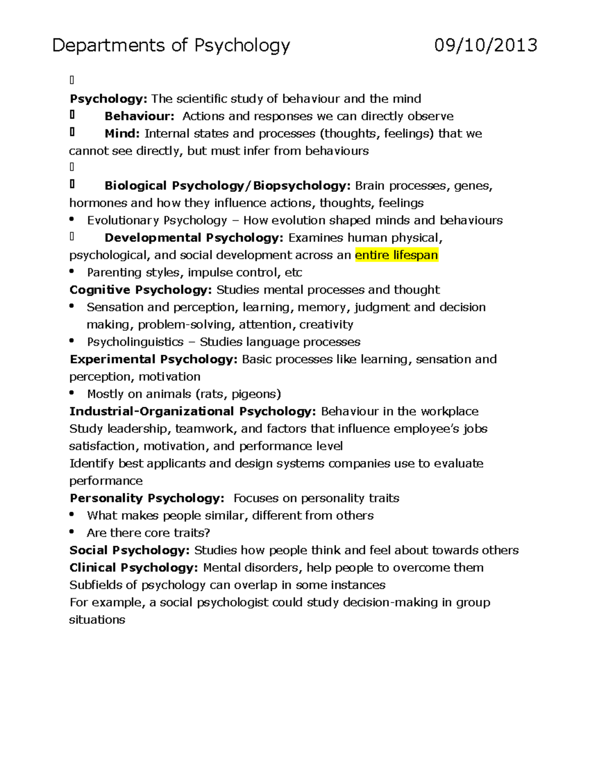 Lecture Notes, Lecture 3, Components of Psychology - Departments of ...