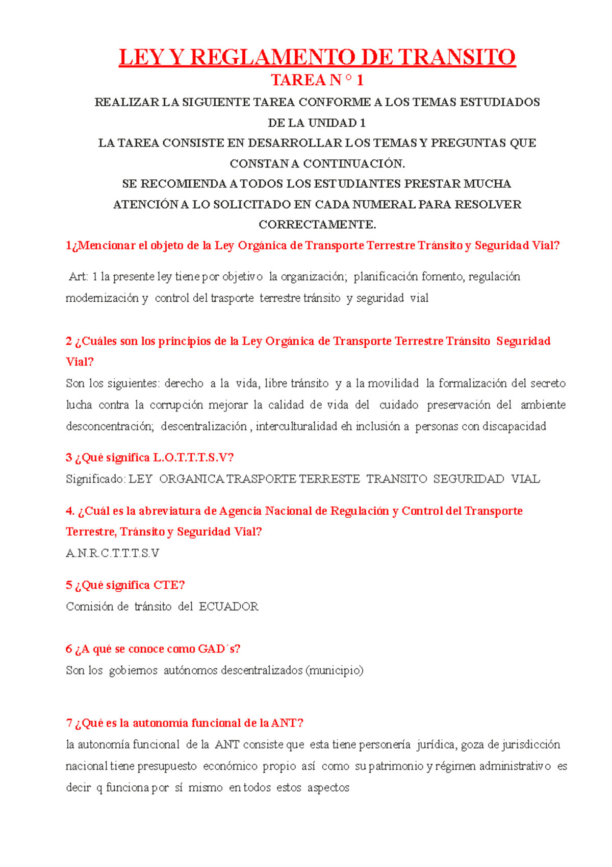 LEY Y Reglamento DE Transito - LEY Y REGLAMENTO DE TRANSITO TAREA N ° 1 ...