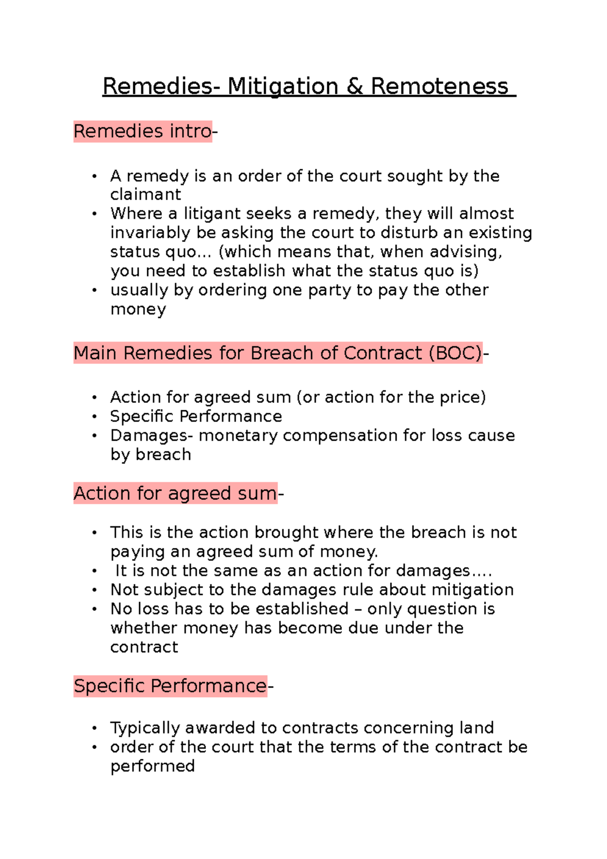 Remedies- Mitigation & Remoteness - Remedies- Mitigation & Remoteness ...