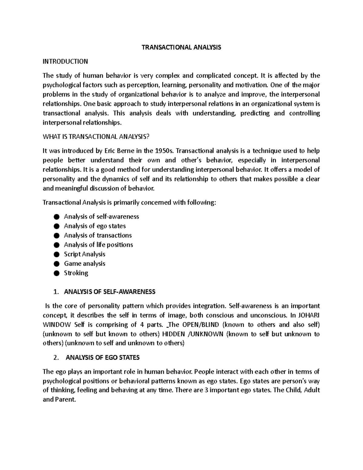 Transactional Analysis - TRANSACTIONAL ANALYSIS INTRODUCTION The study ...