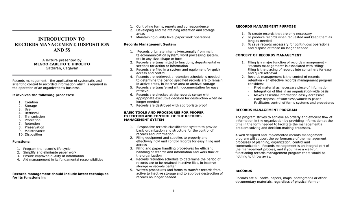 Records Management Brochure - INTRODUCTION TO RECORDS MANAGEMENT ...
