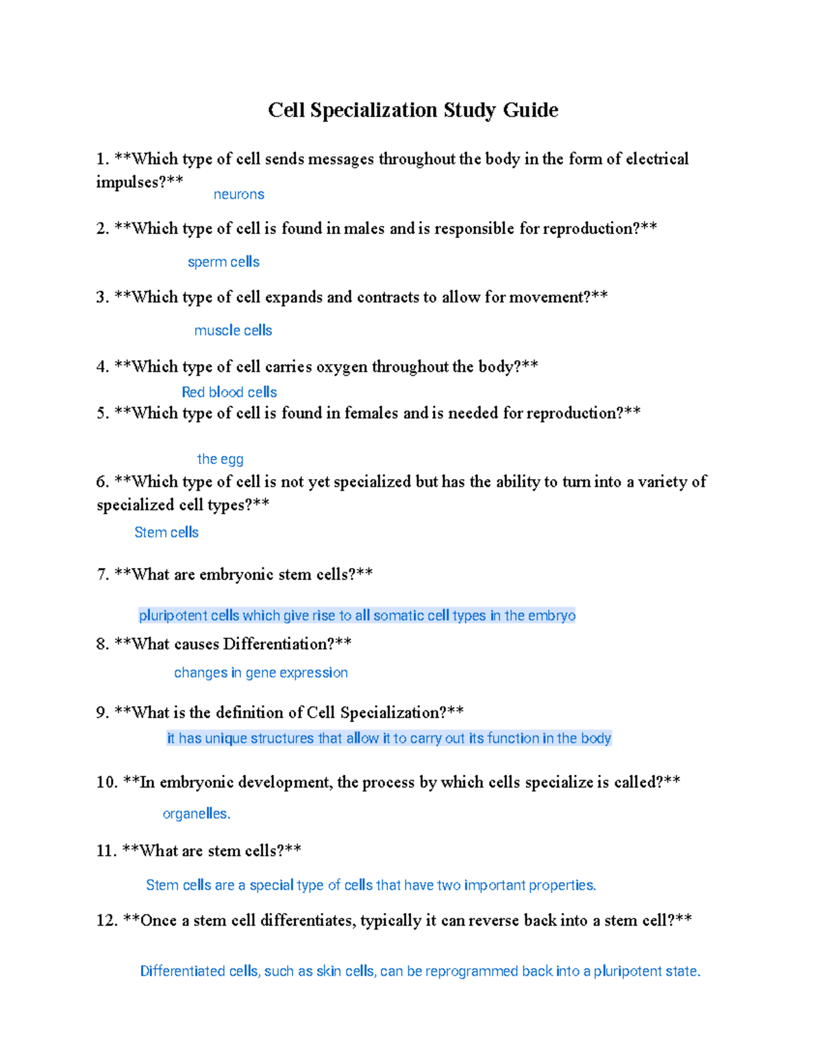 Kami Export - Cell Specialization Study Guide - Cell Specialization ...