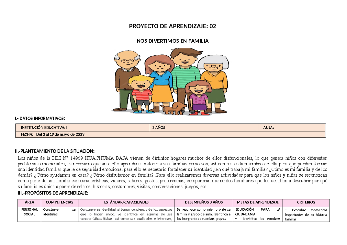 Proyecto NOS Divertimos EN Familia 3 AÑOS - PROYECTO DE APRENDIZAJE: 02 ...