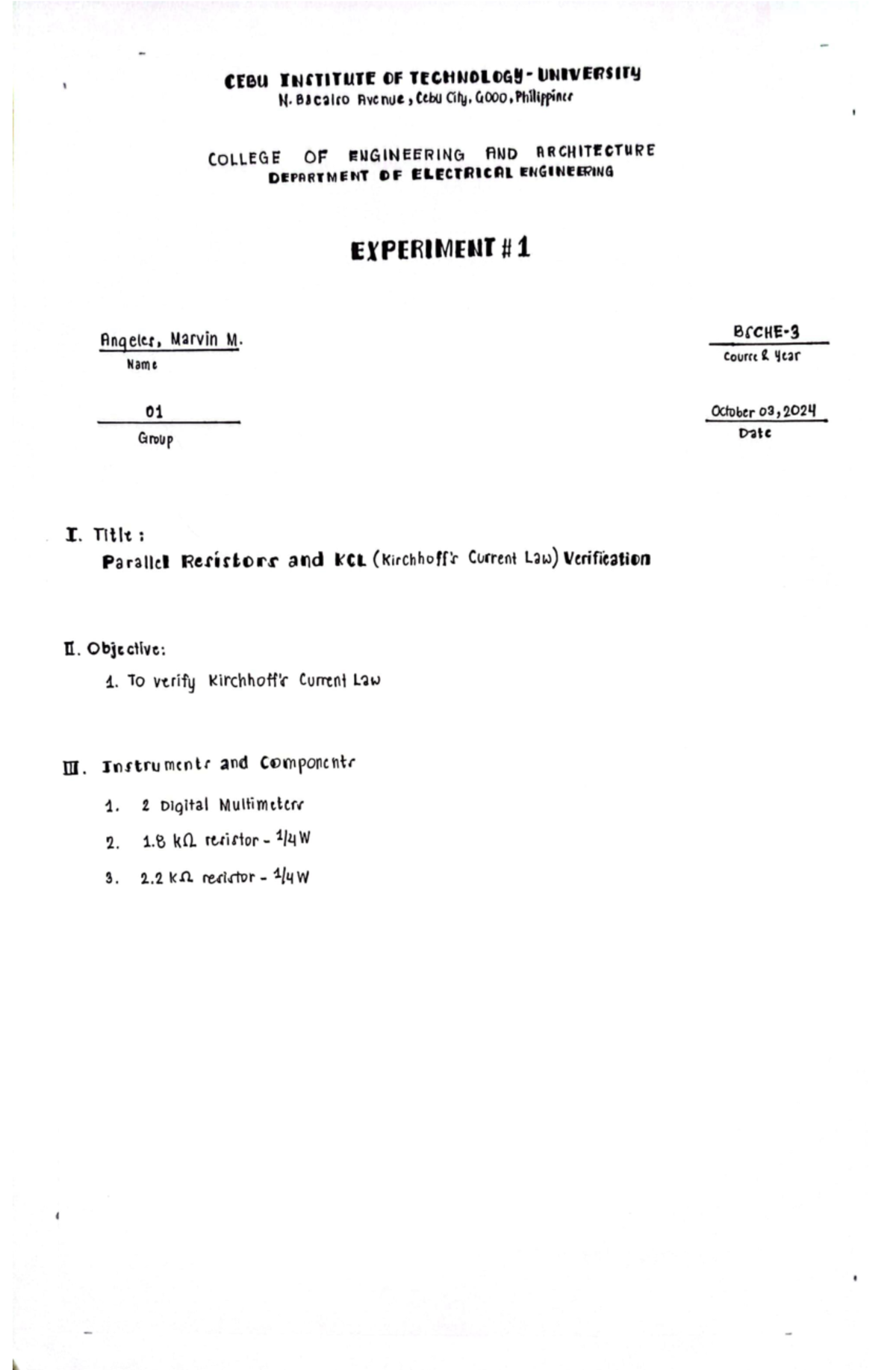Angeles EE387 Exp1 - Lab Report - CEBU INSTITUTE OF TECHNOLOGY UNIVERSITY N. Bacalso Avenue ...