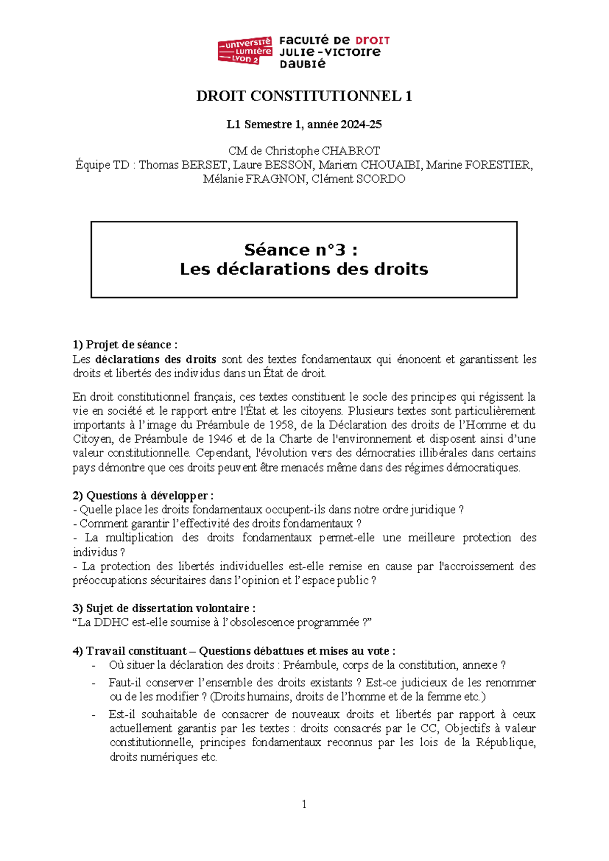 Dt Constit 1 CC 2024 Fiche TD3 Les déclarations des droits - DROIT ...