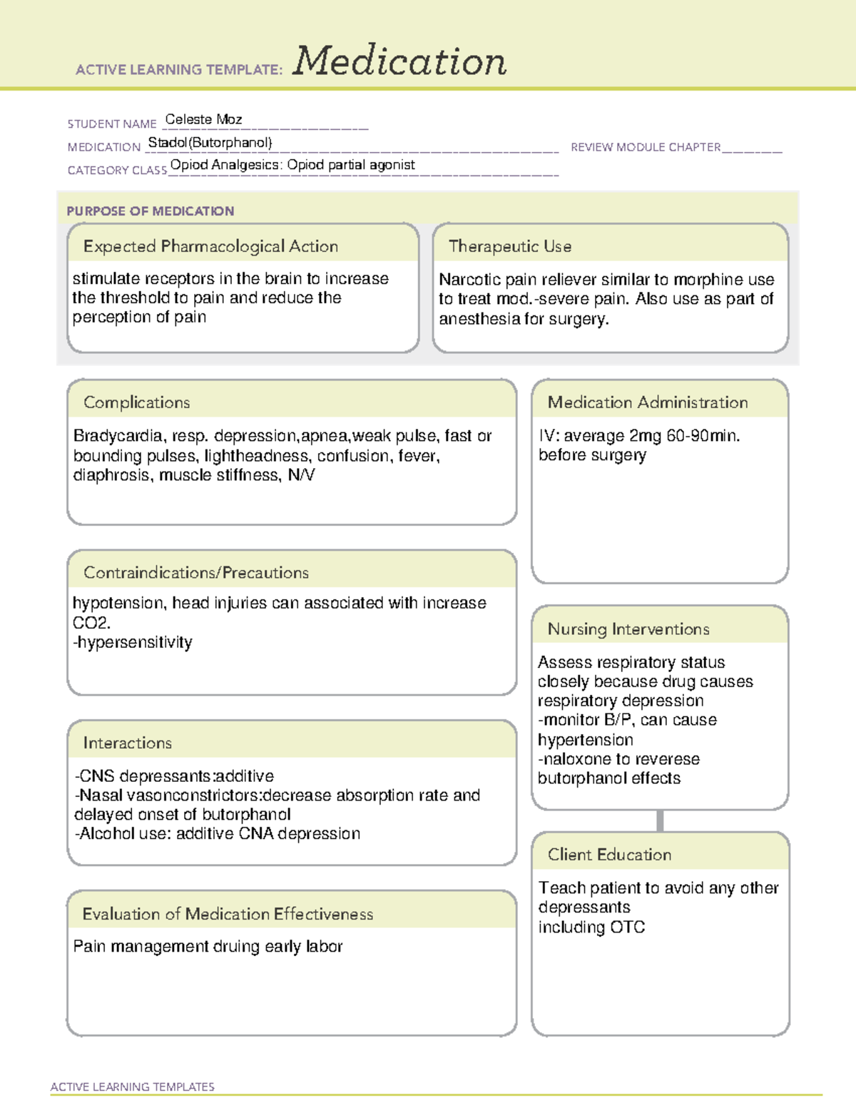 Medication template -stadol - ACTIVE LEARNING TEMPLATES Medication ...