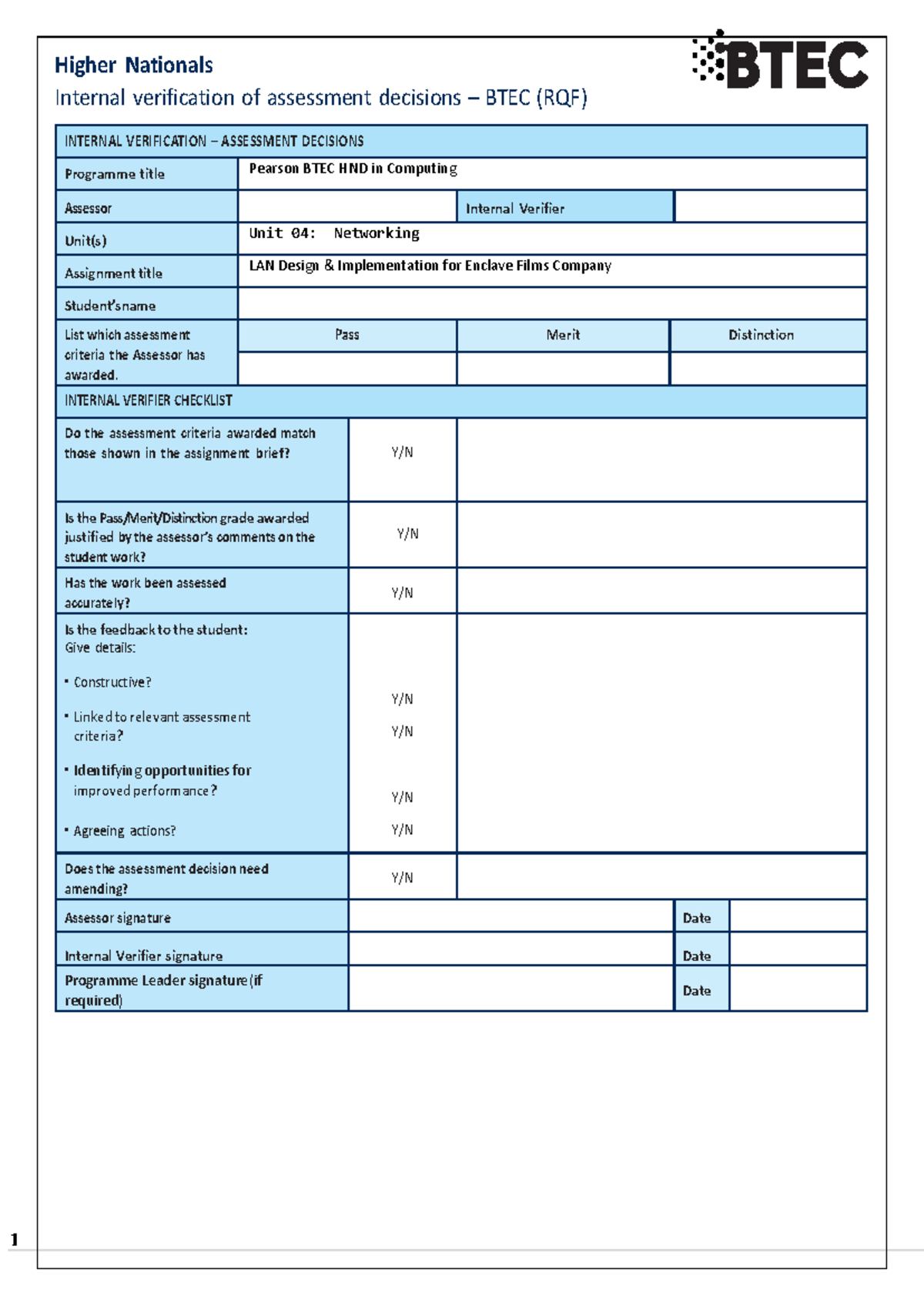 Unit 02- Networking - Higher Nationals Internal verification of assessment decisions – BTEC (RQF ...