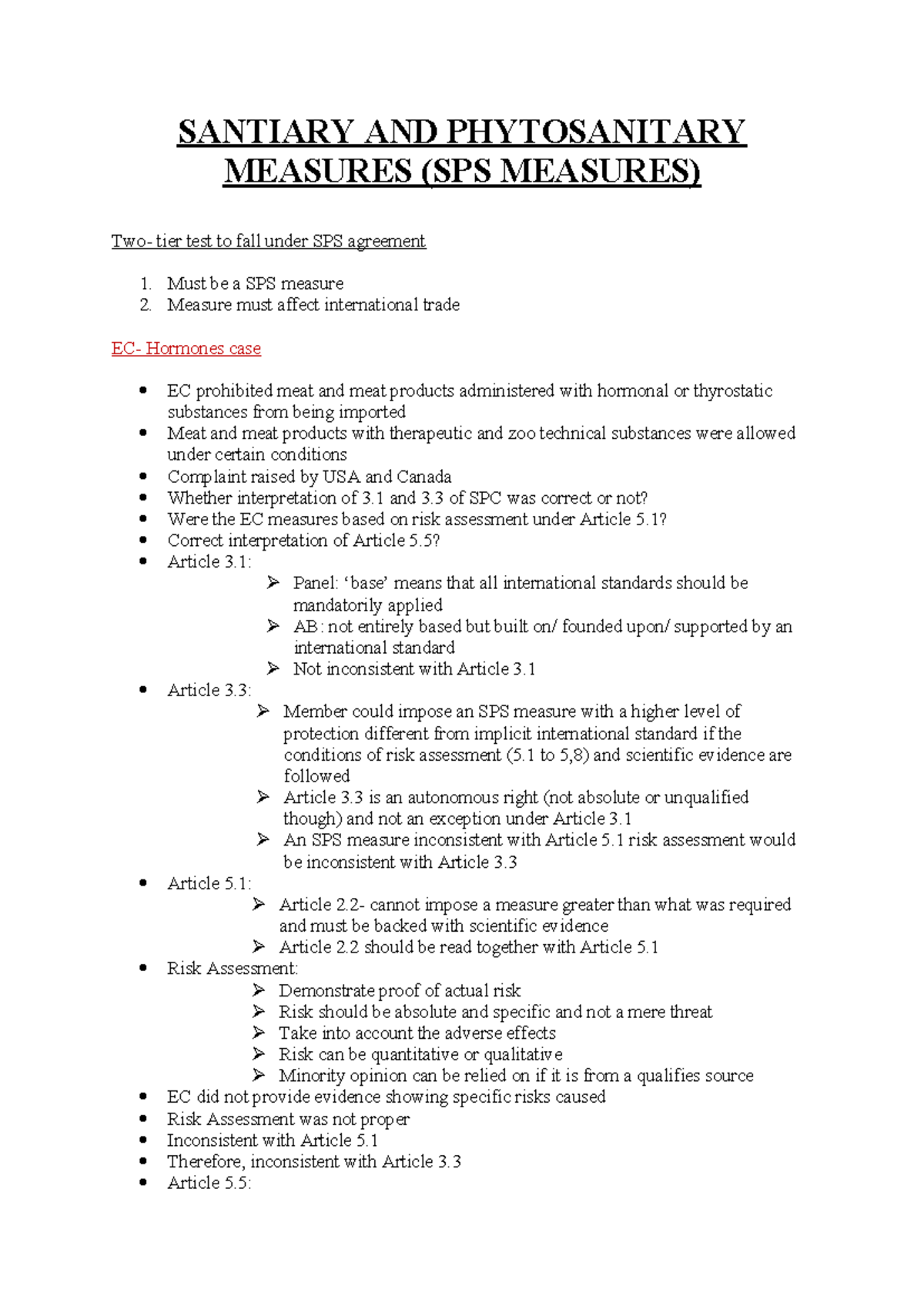 SPS - These are the lectures note - SANTIARY AND PHYTOSANITARY MEASURES ...