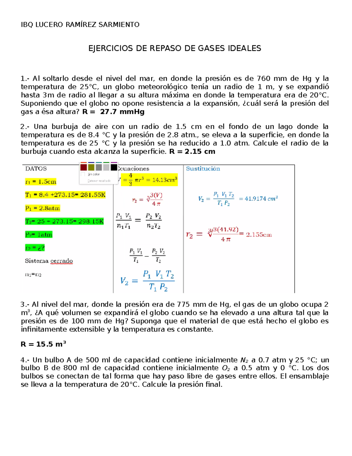 Ejercicios DE Gases Ideales 1 Resuelto FISICOQUIMICA - EJERCICIOS DE REPASO DE GASES IDEALES 1 ...