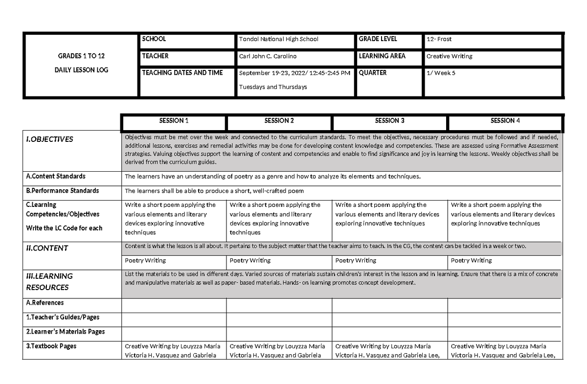creative writing daily lesson log and lesson plan - GRADES 1 TO 12 ...