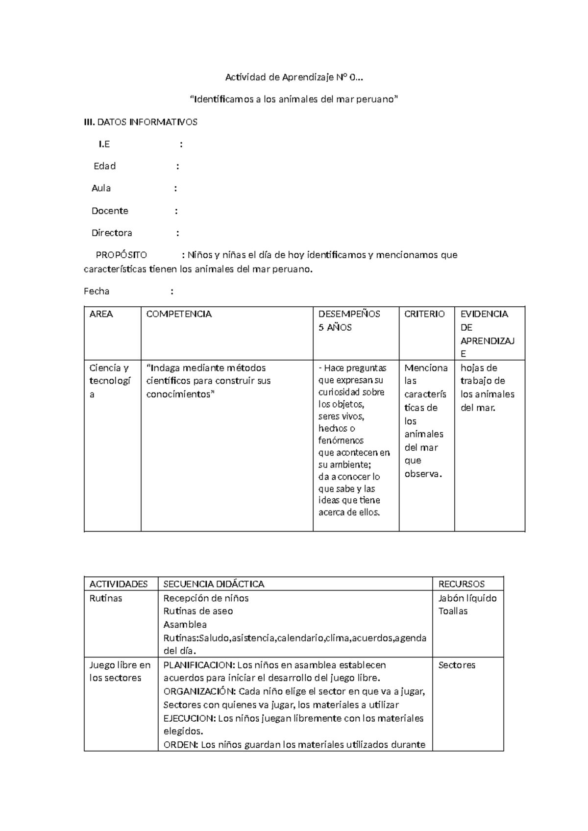 Sesión de aprendizaje identificamos a los animales del mar peruano - Actividad de Aprendizaje N ...