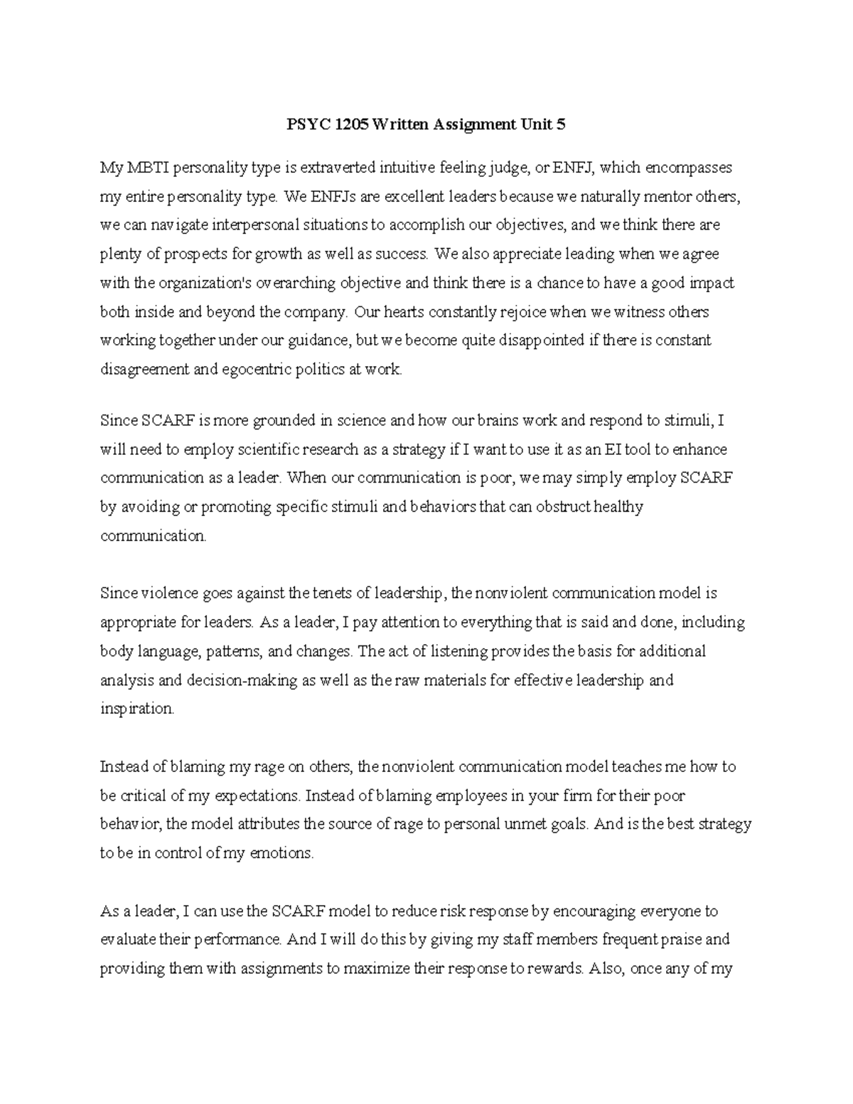 PSYC 1205 Written Assigment 5 - PSYC 1205 Written Assignment Unit 5 My MBTI personality type is ...
