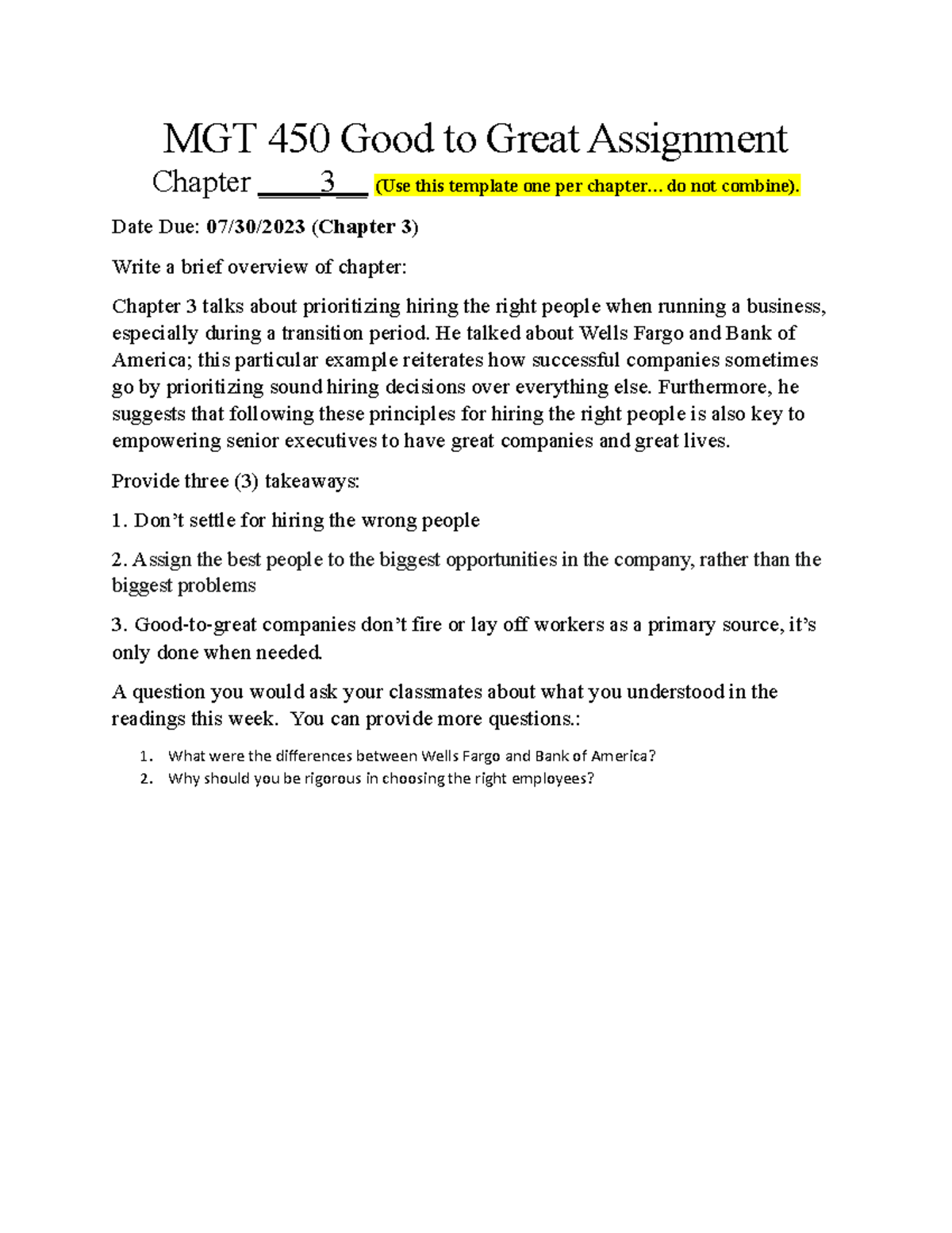 CHpater 3 - Chapter 3 summary - Good to Great - MGT 450 Good to Great ...