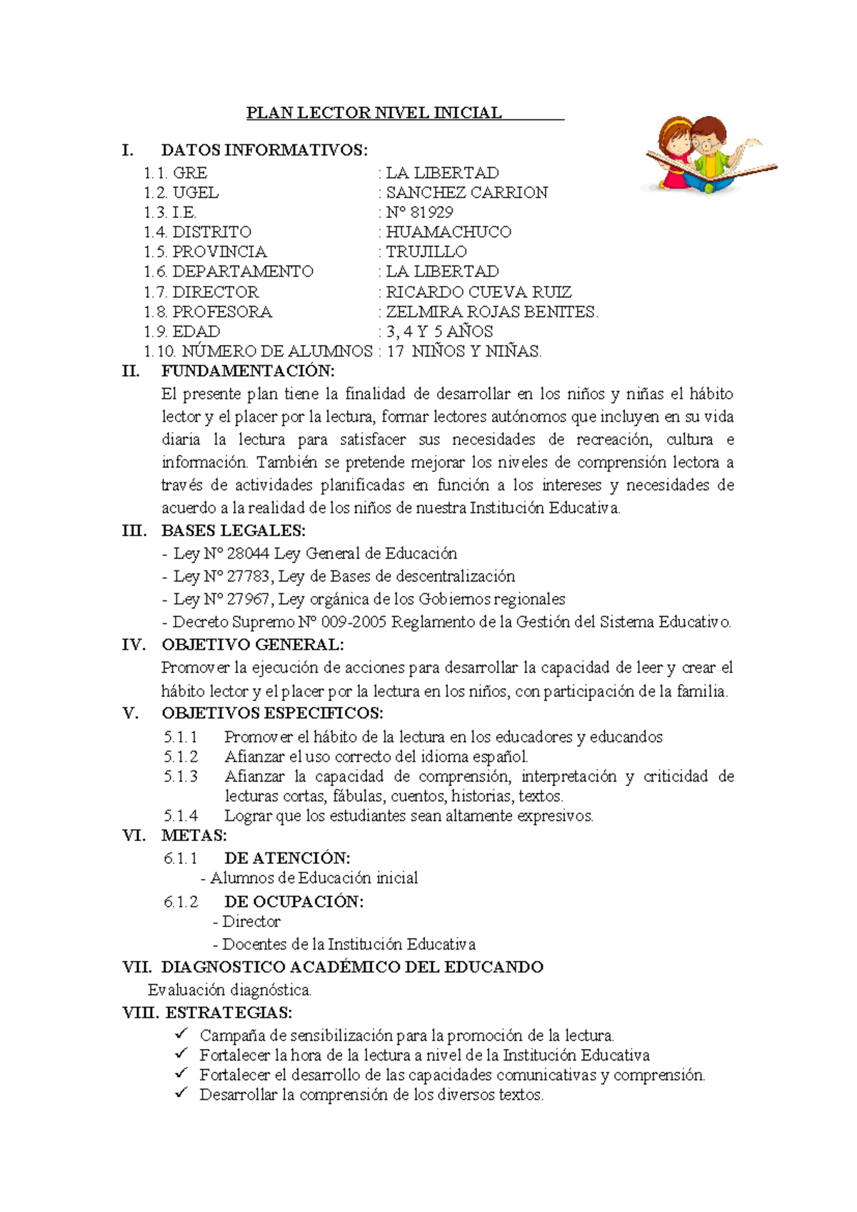 PLAN Lector - PLAN LECTOR NIVEL INICIAL I. DATOS INFORMATIVOS: 1. GRE : LA LIBERTAD 1. UGEL ...