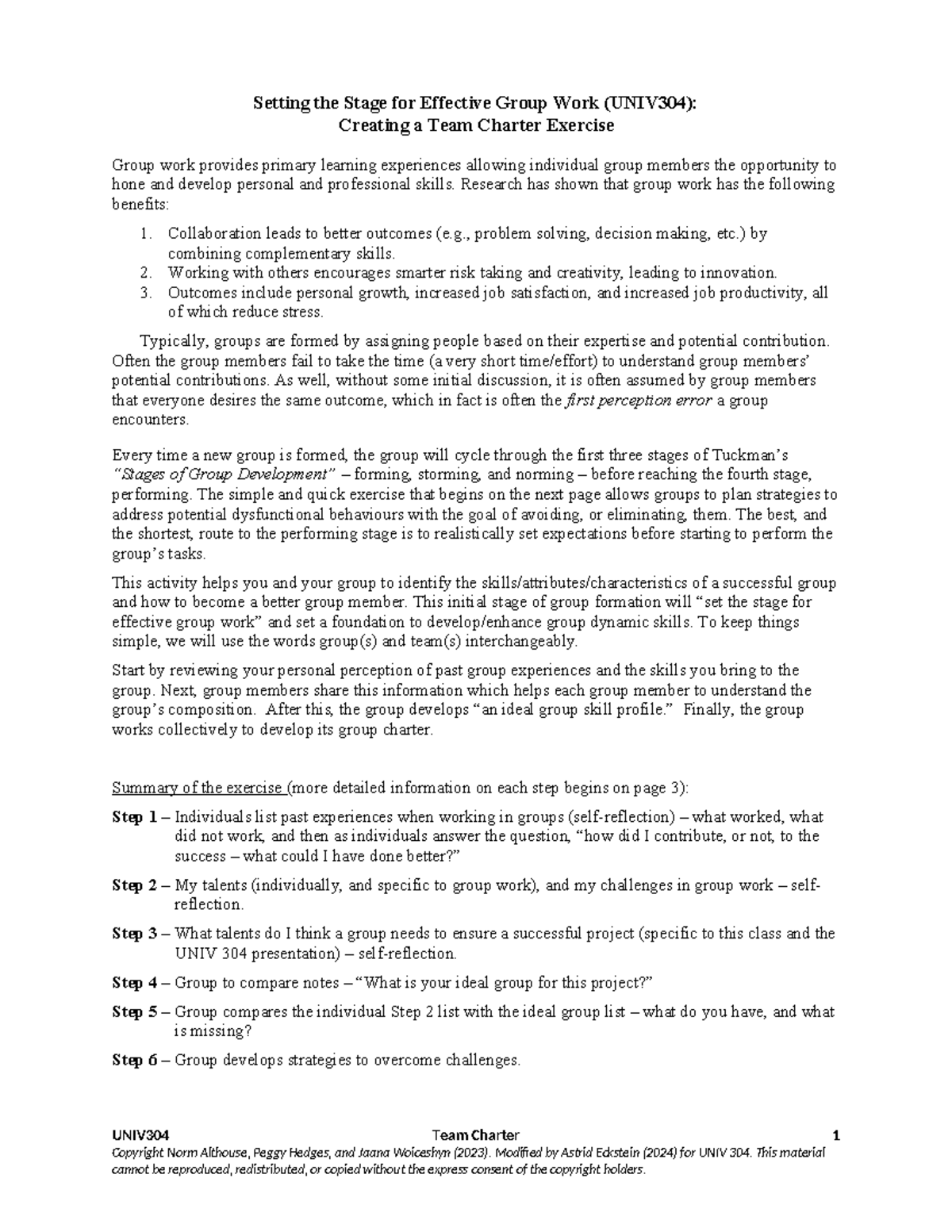 UNIV304 Team Charter P2024 - Setting the Stage for Effective Group Work ...