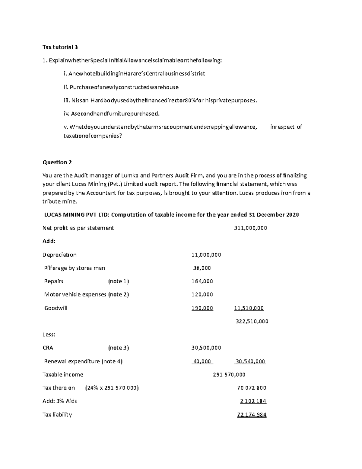 Tax tutorial 3- Quiz and mining - Tax tutorial 3 - Studocu