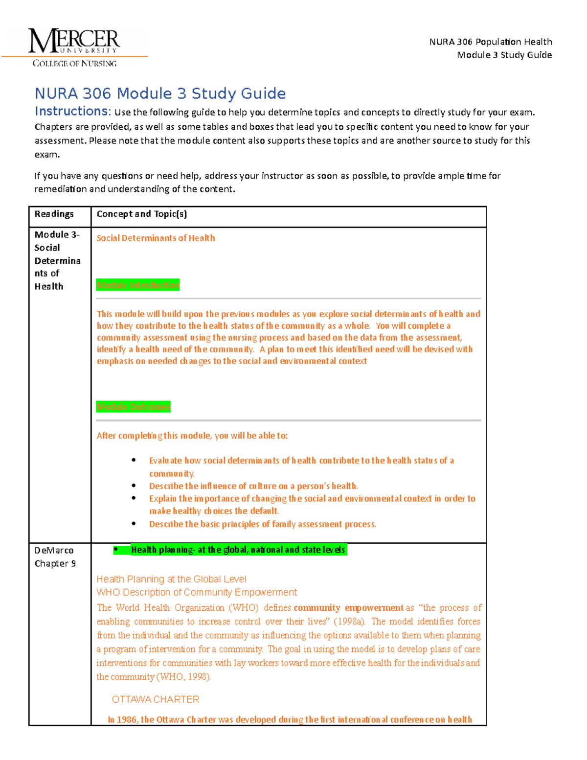 NURA 306 Module 3 Study Guide SU22 (3) - NURA 306 Population Health ...