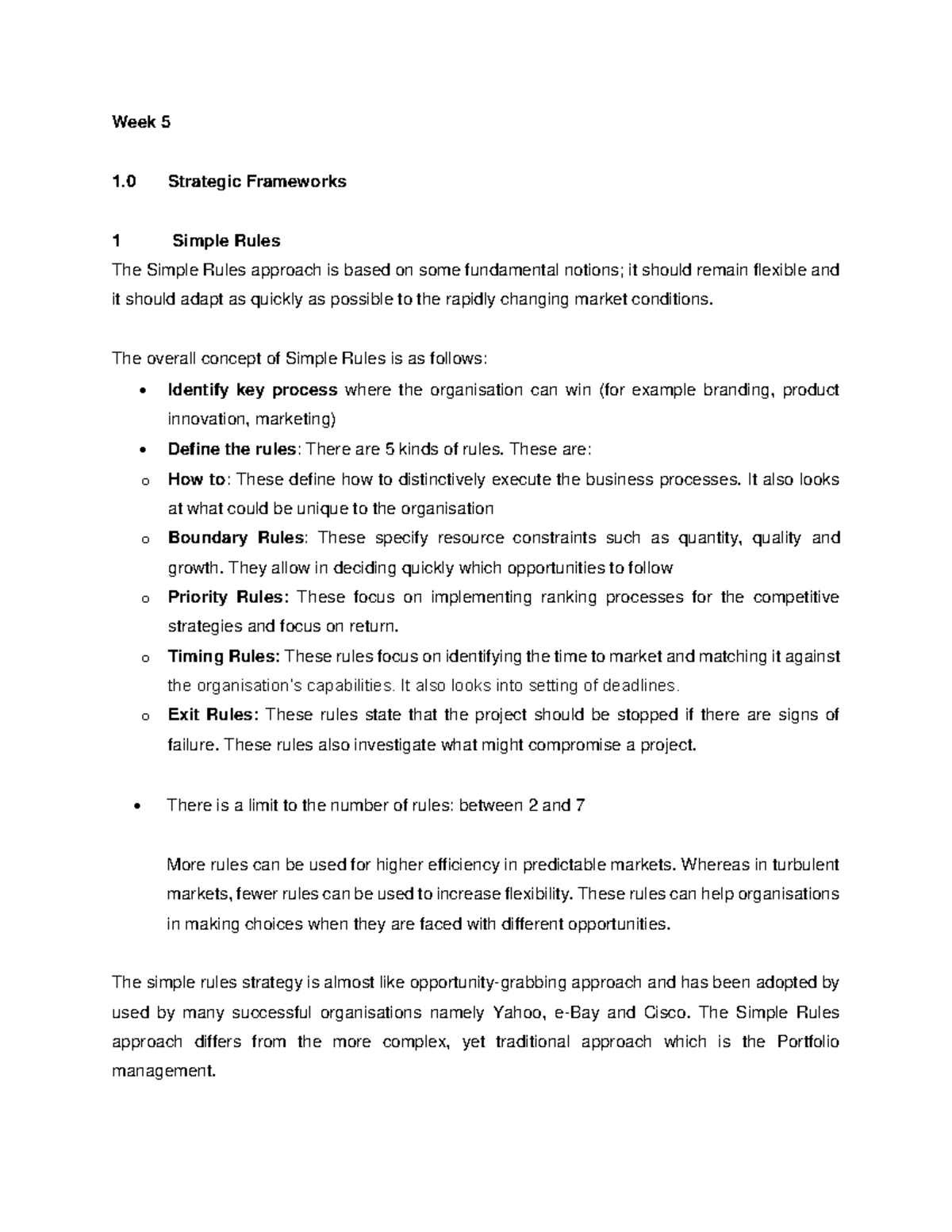 Week 5 Notes - Week 5 1 Strategic Frameworks 1 Simple Rules The Simple ...