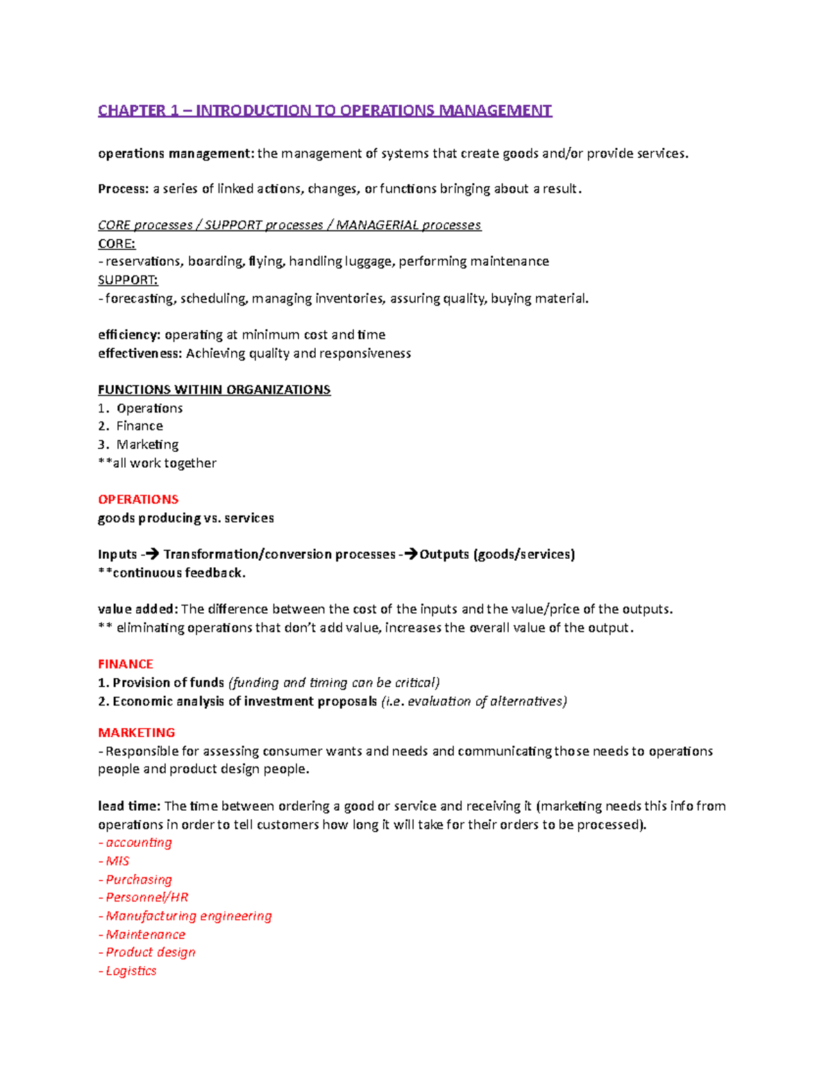 Tutorial Work Lab Notes Chapter 1 Introduction To Operations Management Operations