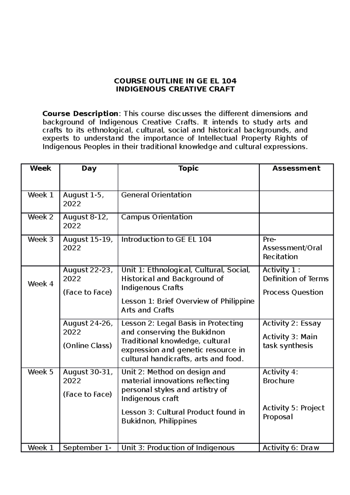 Sample Course Outline GE EL 104 - COURSE OUTLINE IN GE EL 104 ...