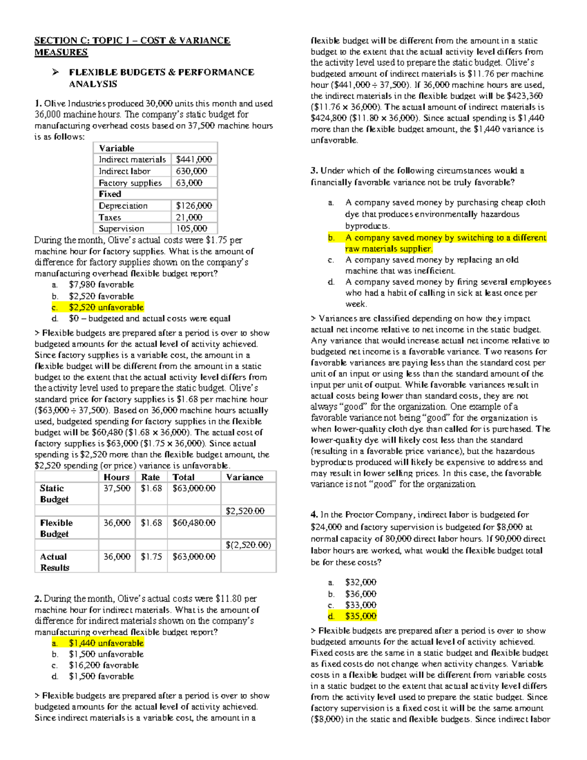 Section C Topic 1 with answers - SECTION C: TOPIC 1 – COST & VARIANCE ...