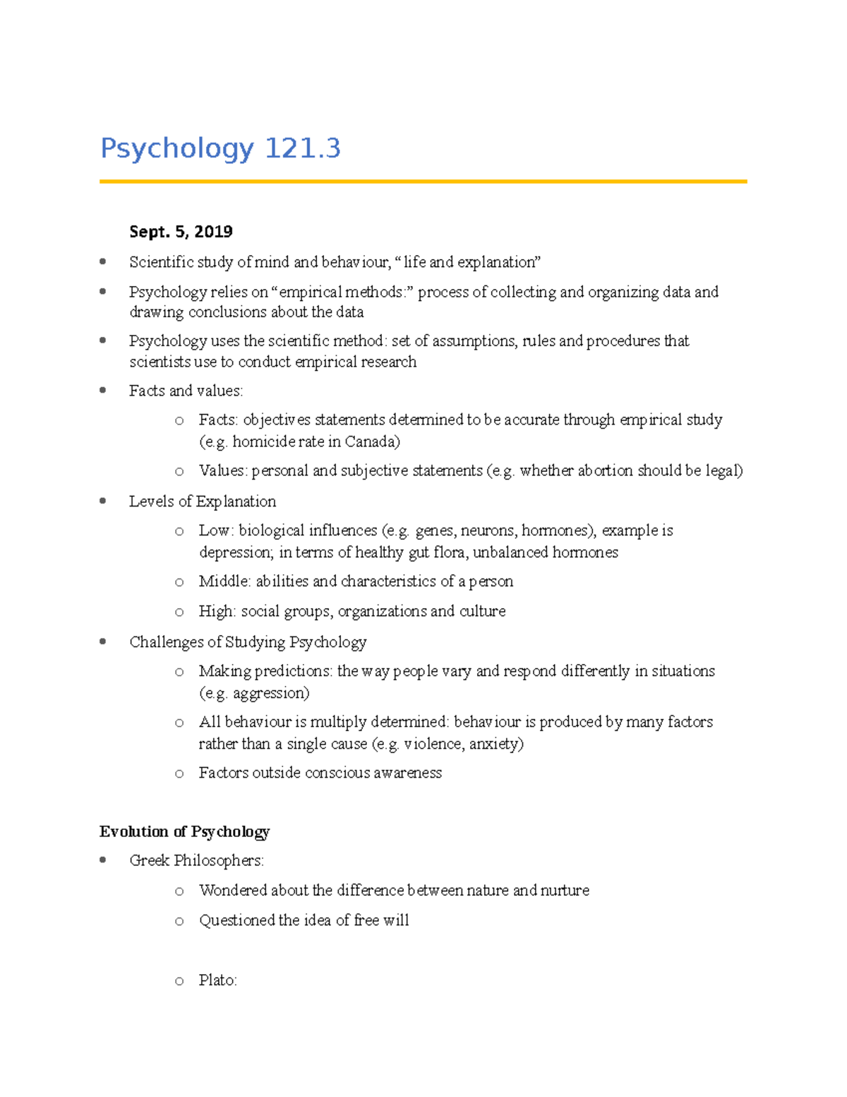 Psychology 121 - Lecture notes - Psychology 121. Sept. 5, 2019 ...