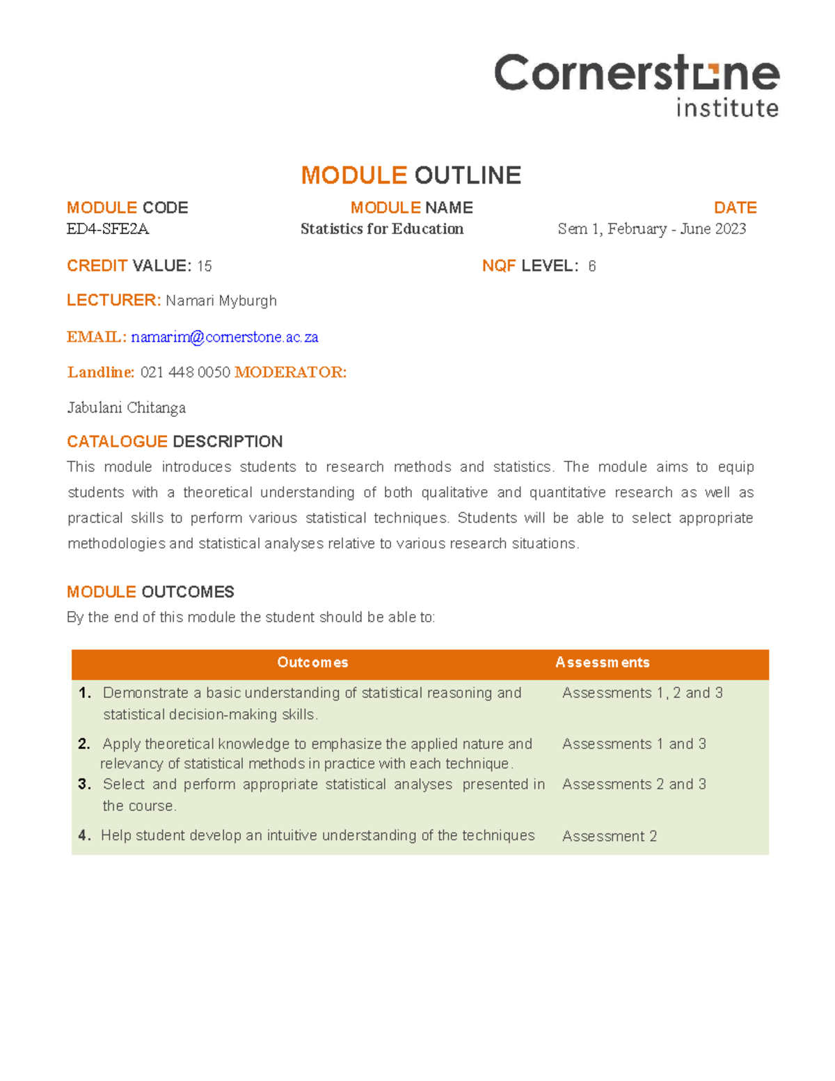 Stats A Module Outline Intro to Stats A Sem 1 2023 - MODULE OUTLINE MODULE CODE MODULE NAME DATE ...