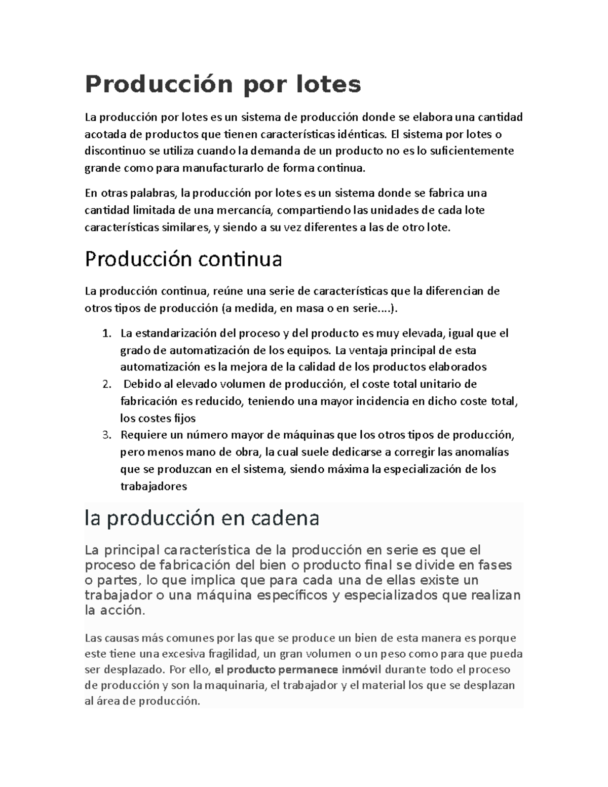 Produccion - temas de la unidad 4 - Producción por lotes La producción ...