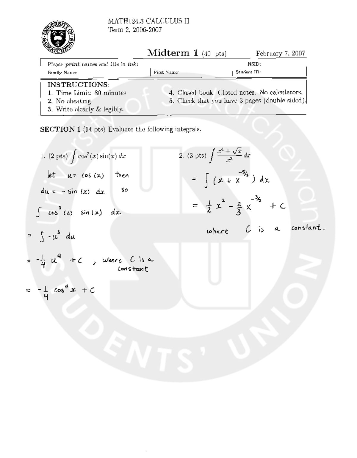 Exam 2007, Questions And Answers - MATH124 CALCULUS I 2006- Midterm 1 (40 pts) February 7, 2007 ...
