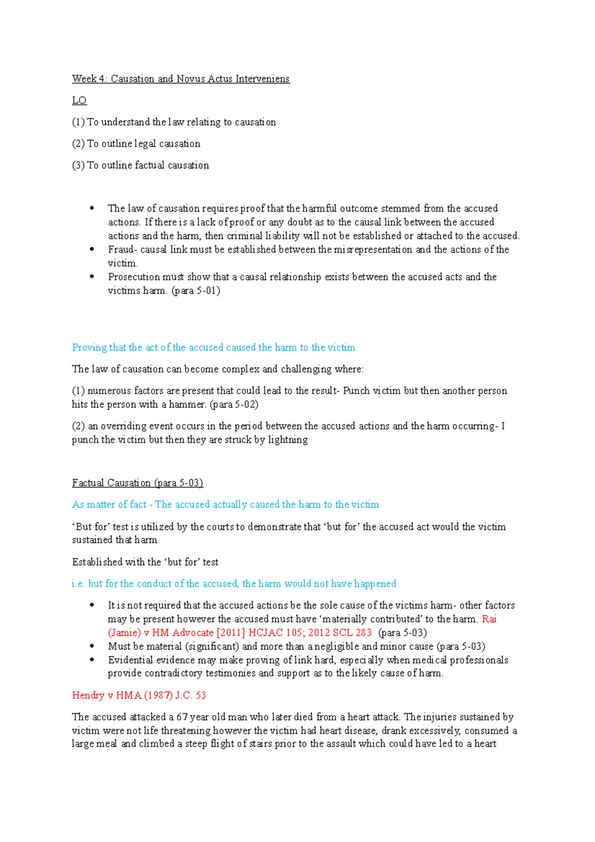 Week 4 causation and novus - Week 4: Causation and Novus Actus ...