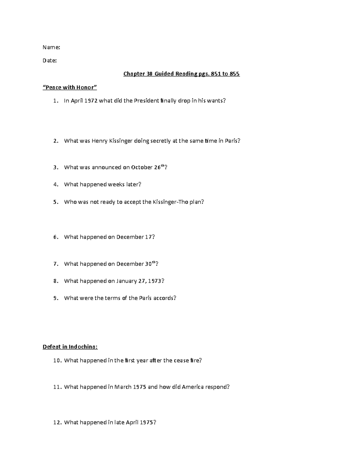 Chapter 30 Guided Reading pgs. 851 to 856 - Name:Date: “Peace with ...