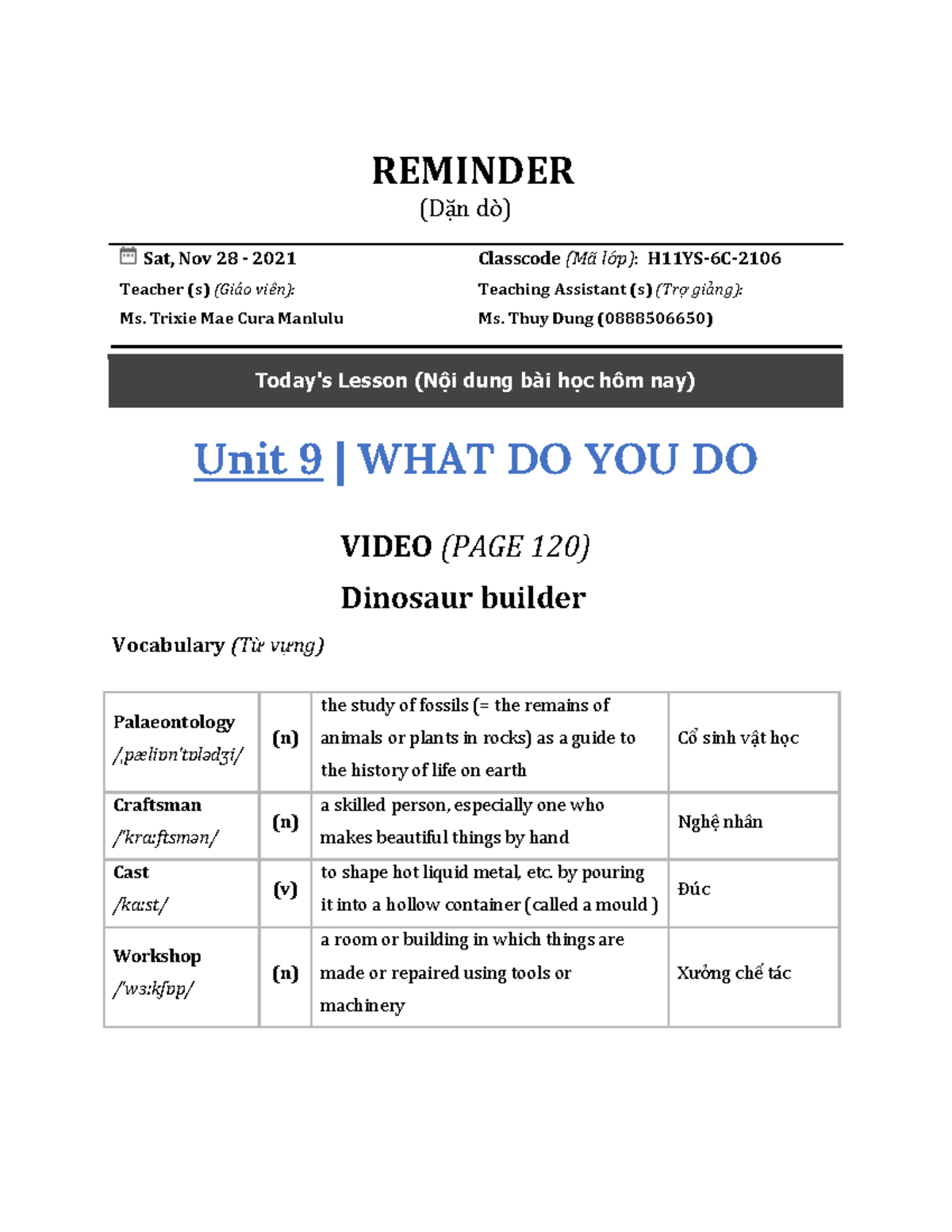 [ Reminder] 28 - good - REMINDER (Dặn dò) Sat, Nov 28 - 2021 Classcode ...