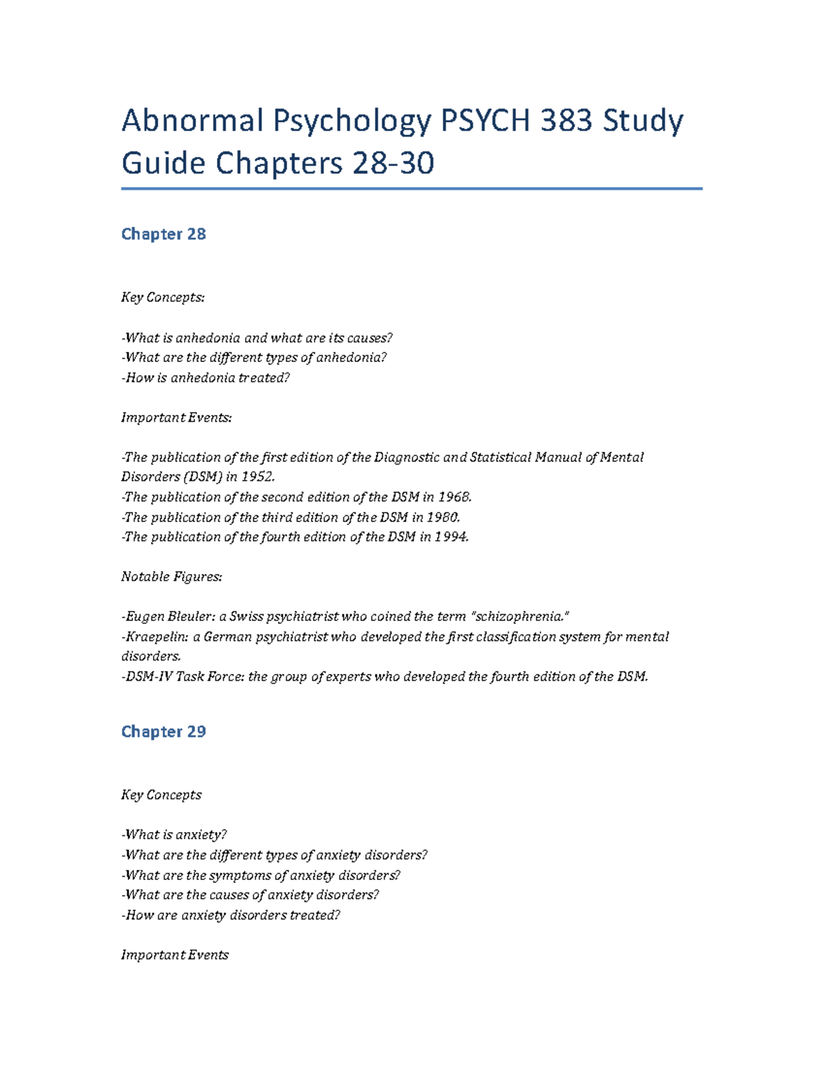 Abnormal Psychology PSYCH 383 Study Guide Chapters 28-30 - Abnormal ...