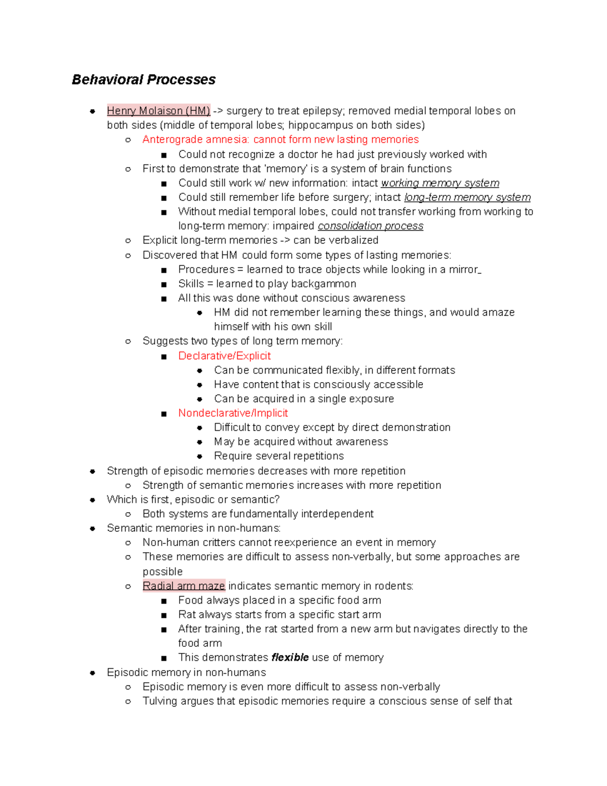 Episodic/ Semantic Memory - Behavioral Processes Henry Molaison (HM ...
