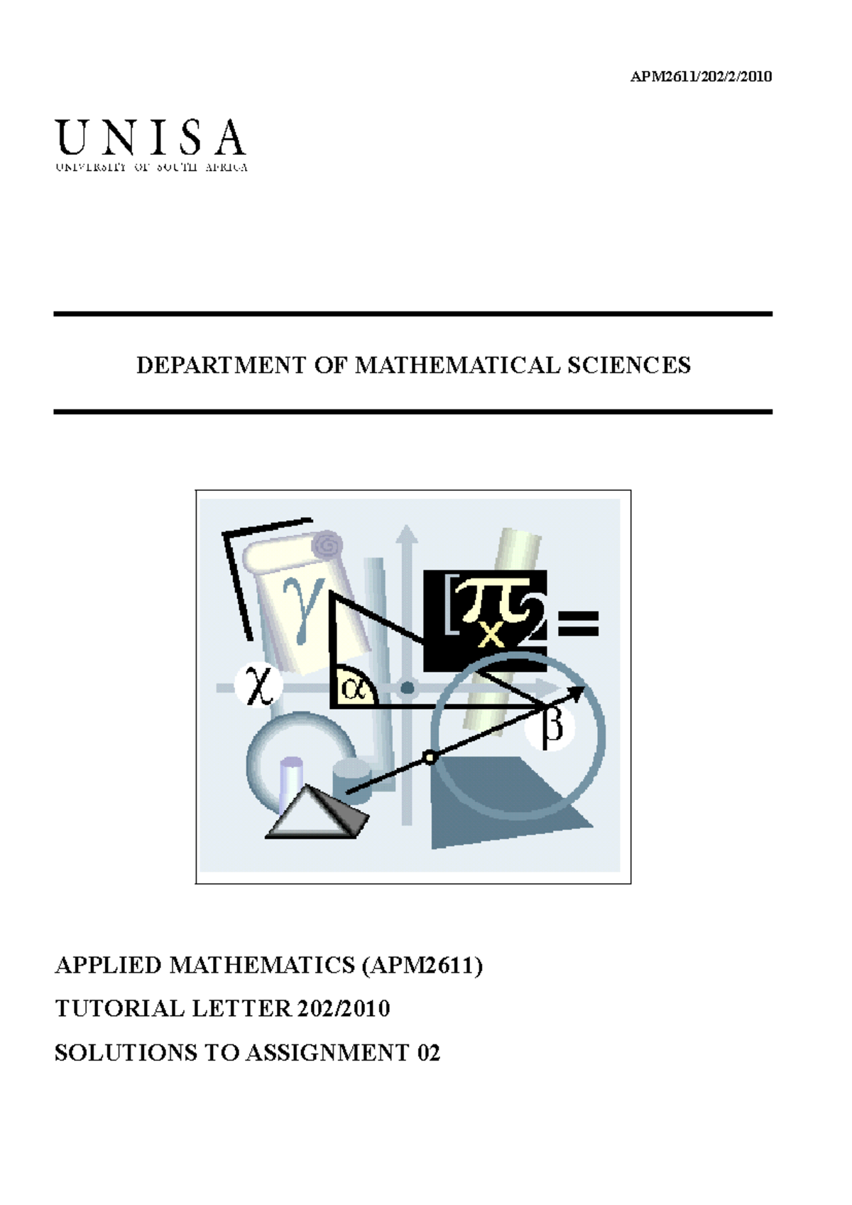 Assignment 2 solution - S2 2010 - APM2611/202/2/ DEPARTMENT OF MATHEMATICAL SCIENCES APPLIED ...