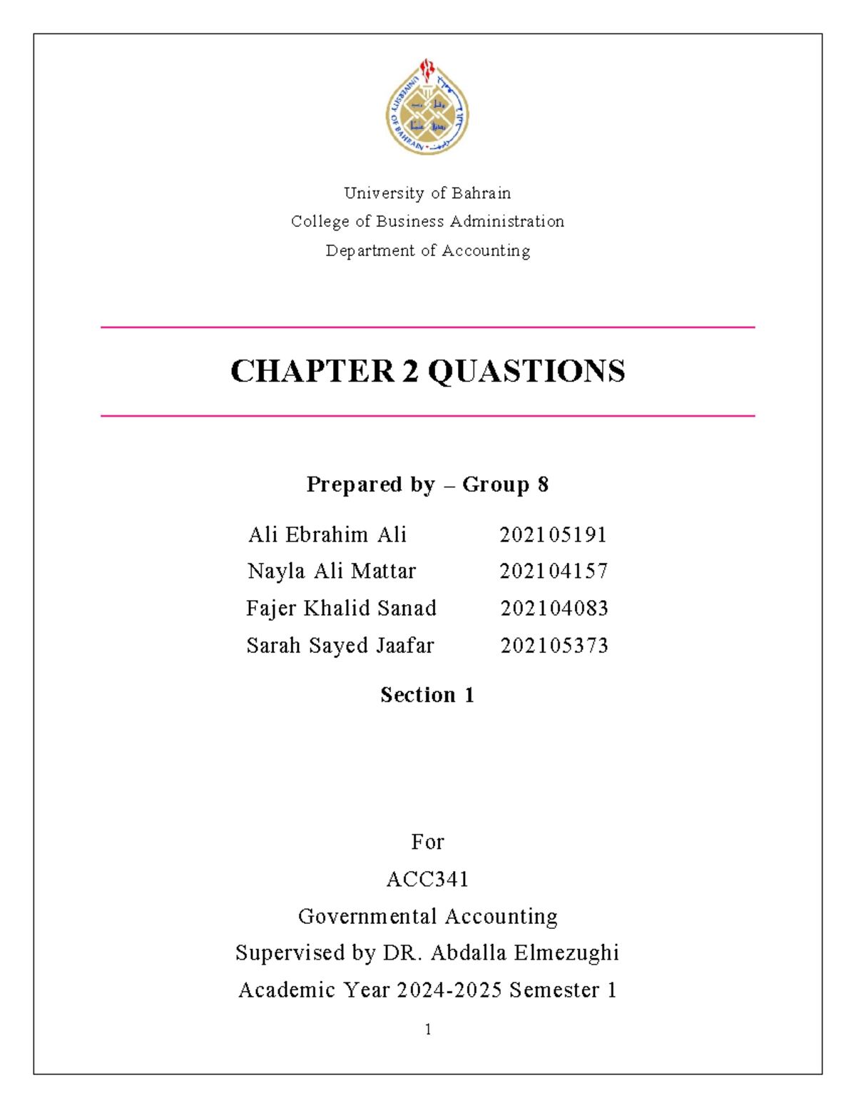 ACC341-Ch2 Questions-Group 8 - University of Bahrain College of ...