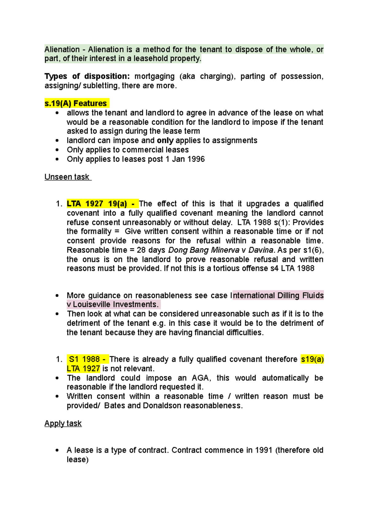 Leases week leases III workshop notes - Alienation - Alienation is a ...
