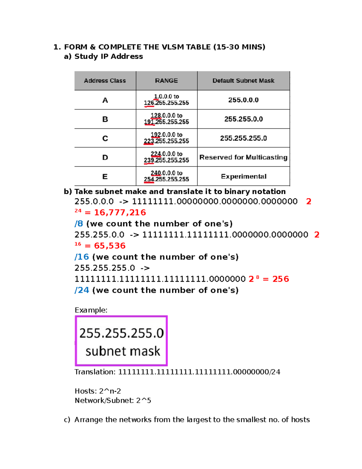 Ptsaexamnotes - 1. FORM & COMPLETE THE VLSM TABLE (15-30 MINS) a) Study ...