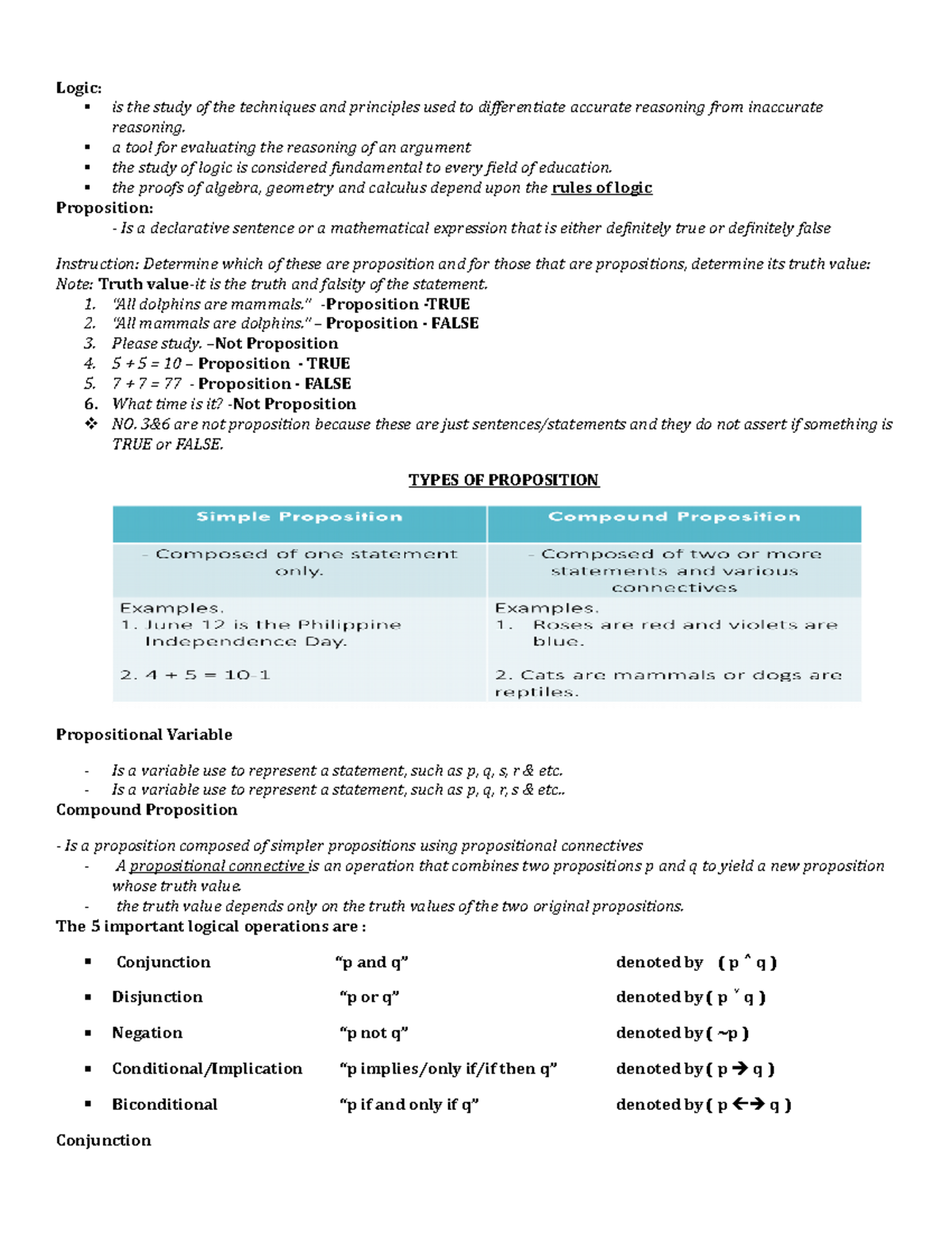 Logic Handout: Logic Handout: Summaries - Logic: is the study of the techniques and principles ...