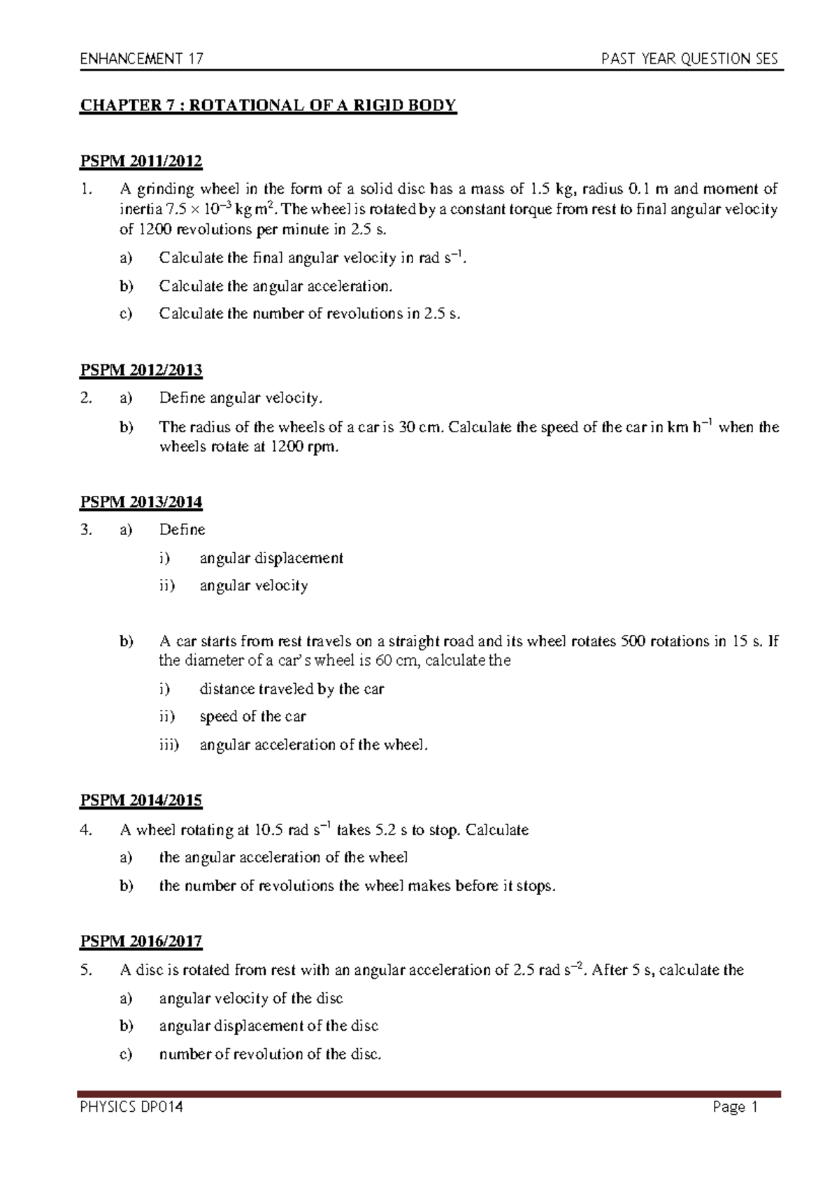 Enhancement 17 CH 7 - ENHANCEMENT 1 7 PAST YEAR QUESTION SES PHYSICS ...