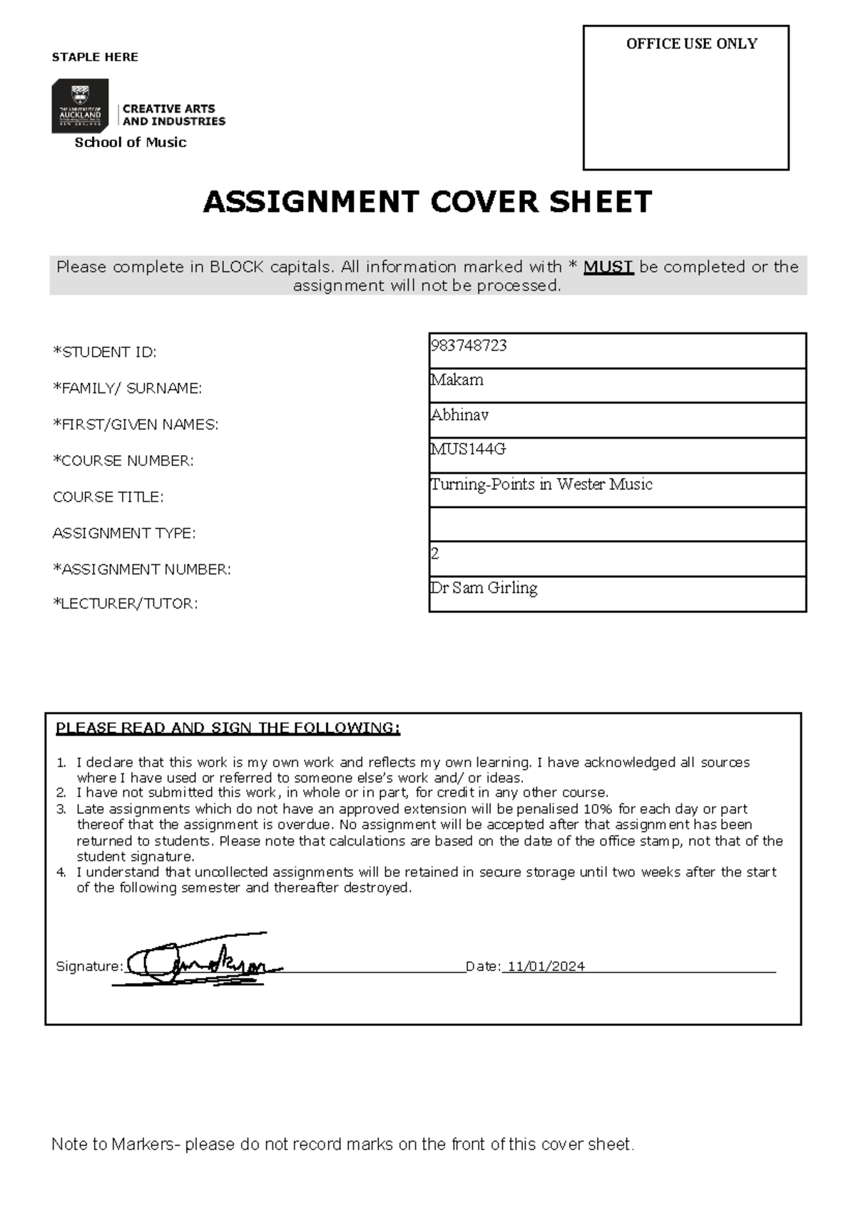 Assignment 2024 - STAPLE HERE School of Music ASSIGNMENT COVER SHEET ...