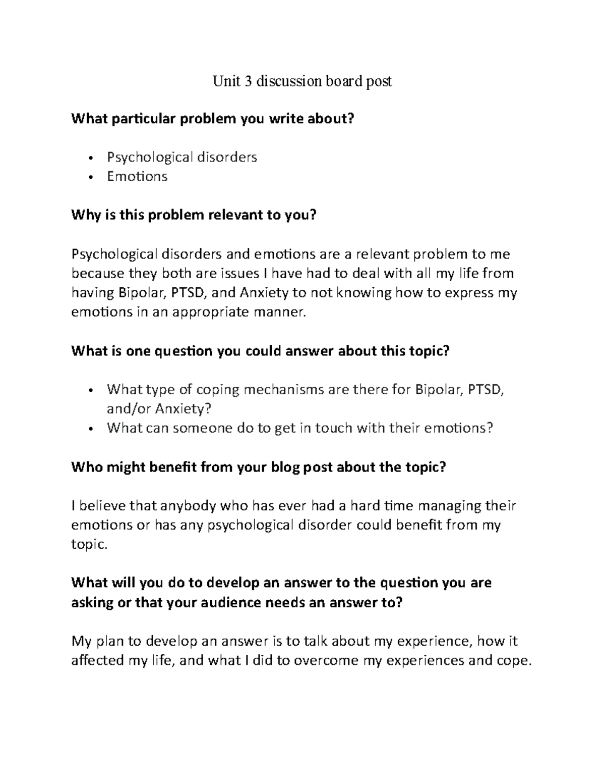 Unit 3 discussion board post - What is one question you could answer ...