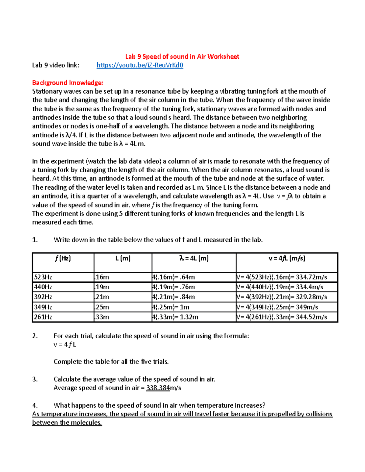 Lab 9 Speed of sound in Air - When the frequency of the wave inside the ...
