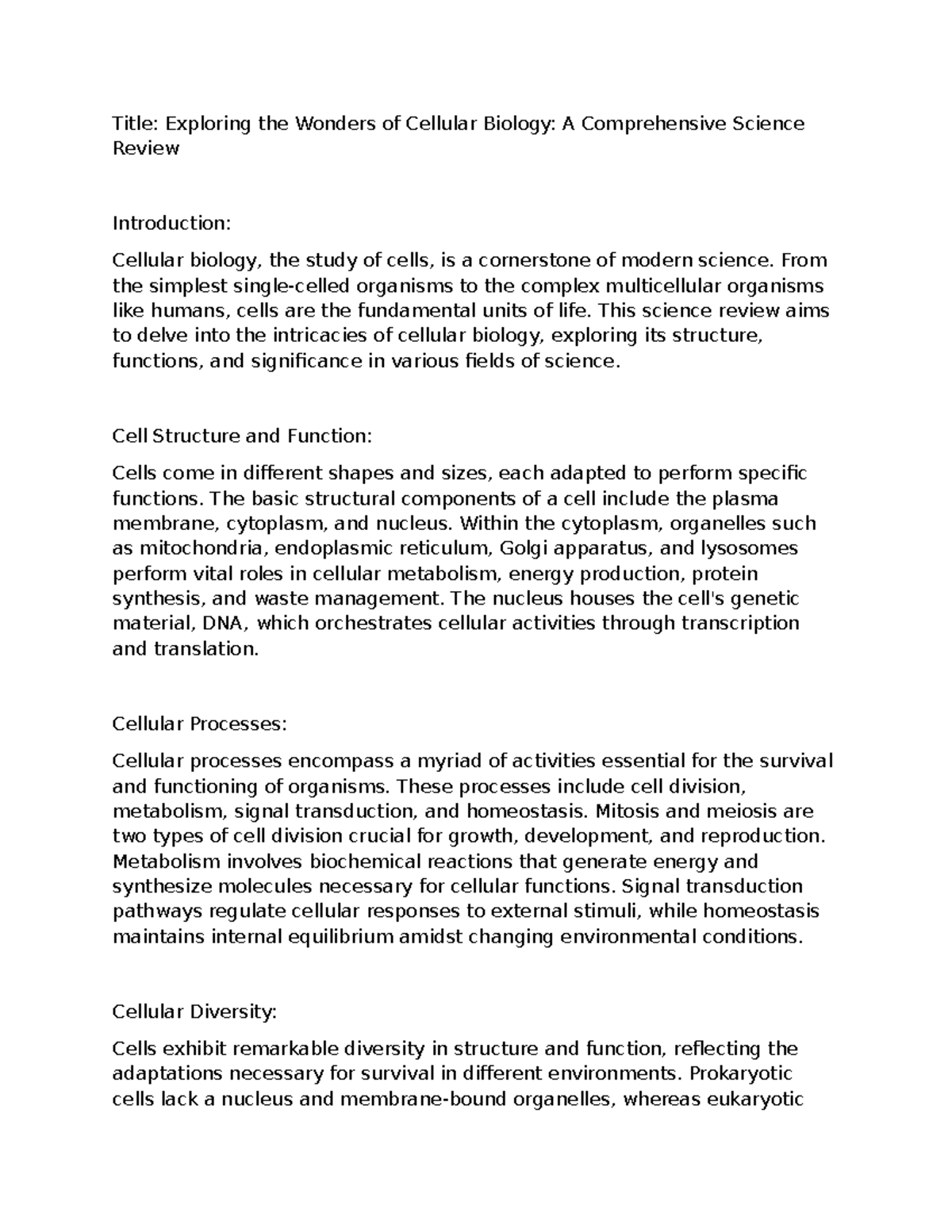 Reviewer 1 - cell - Title: Exploring the Wonders of Cellular Biology: A ...