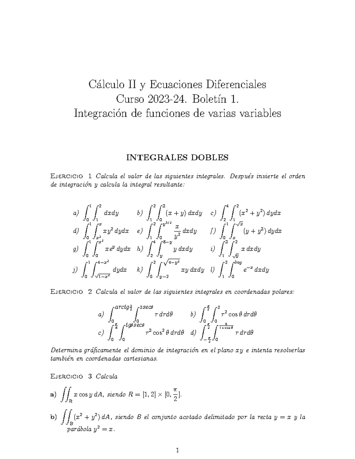 2023-24 Cálculo IIy EDBoletín 1 - C ́alculo II y Ecuaciones ...