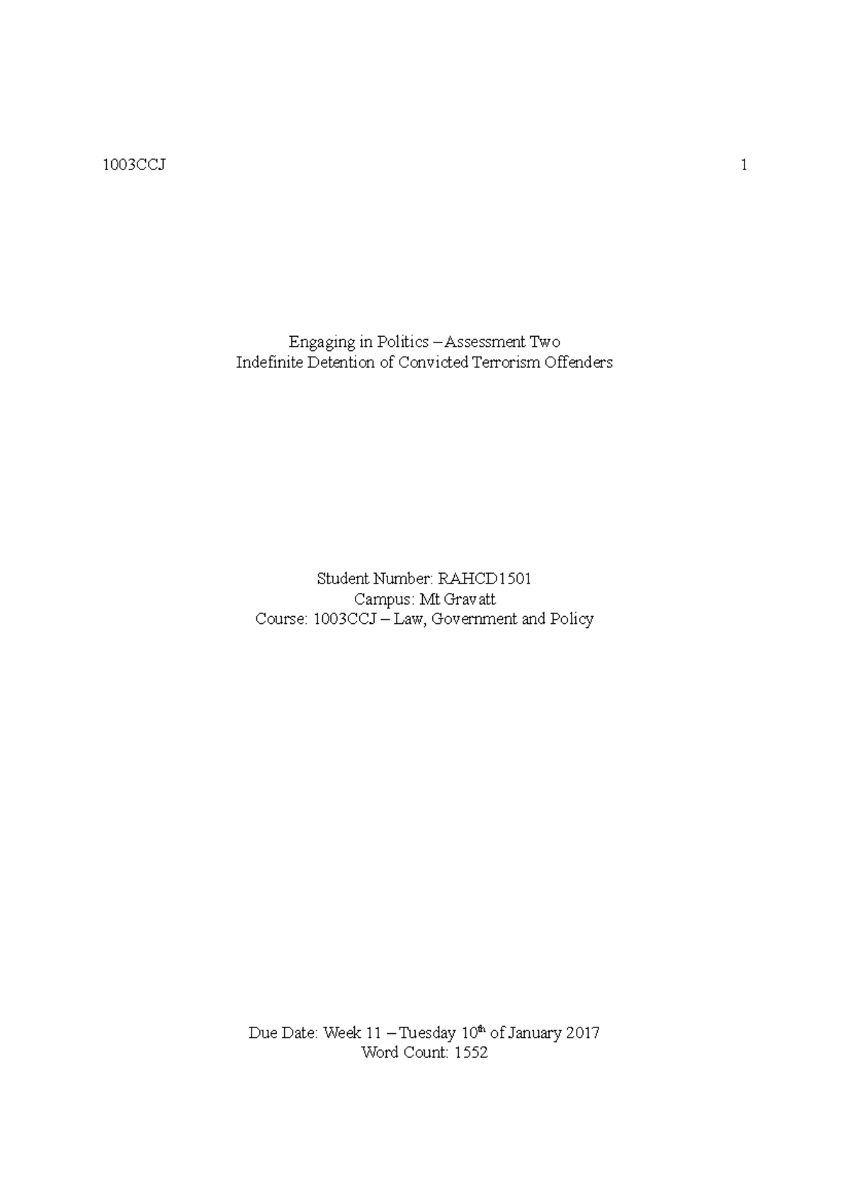 Engaging in Politics – LAW, GOVT & Policy - 1003CCJ 1 Engaging in ...